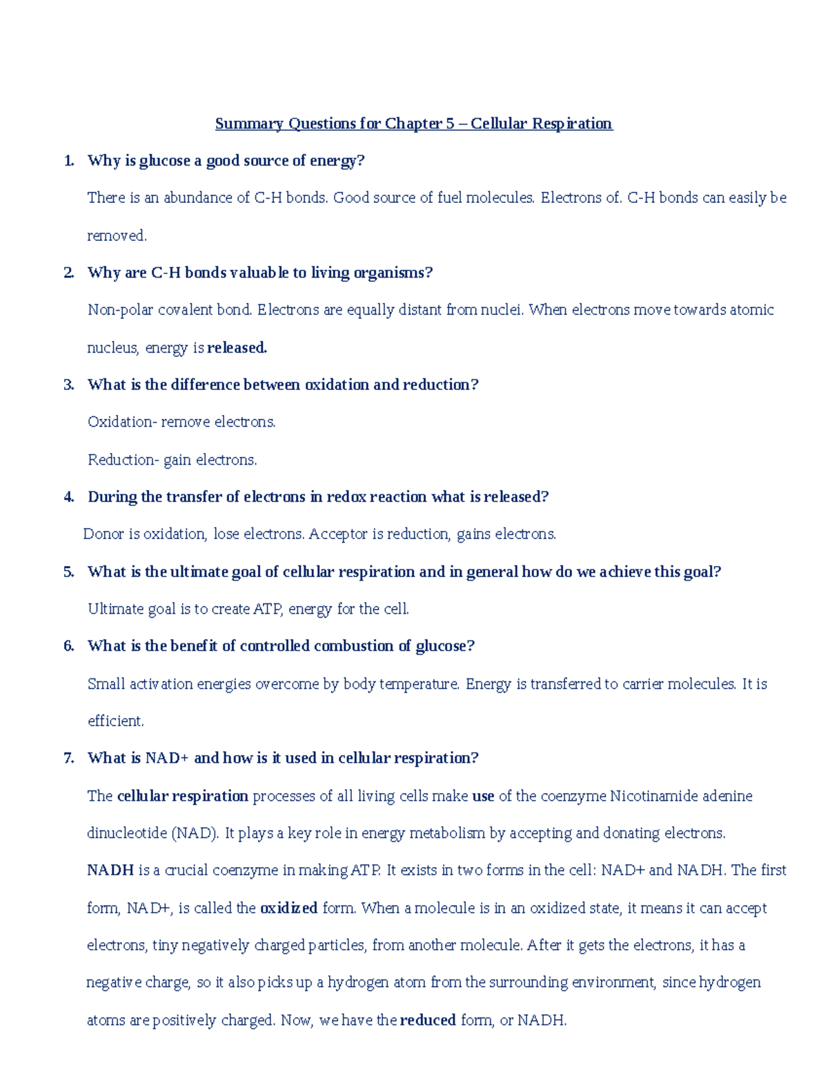 Summary for Chapter 5 - **Summary Questions for Chapter 5 – Cellular ...