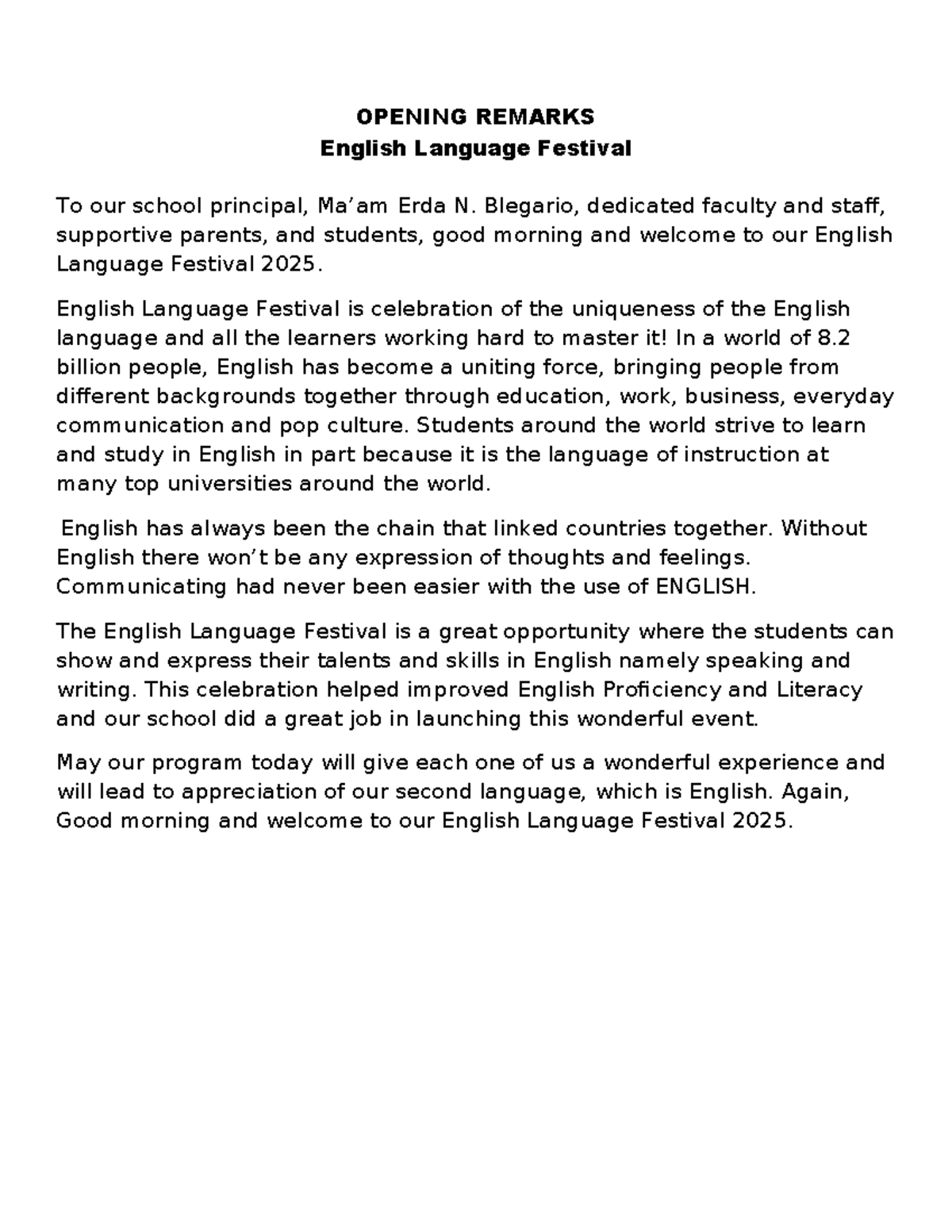 English Language Festival 2025: Opening Remarks & Officer Oath - Studocu