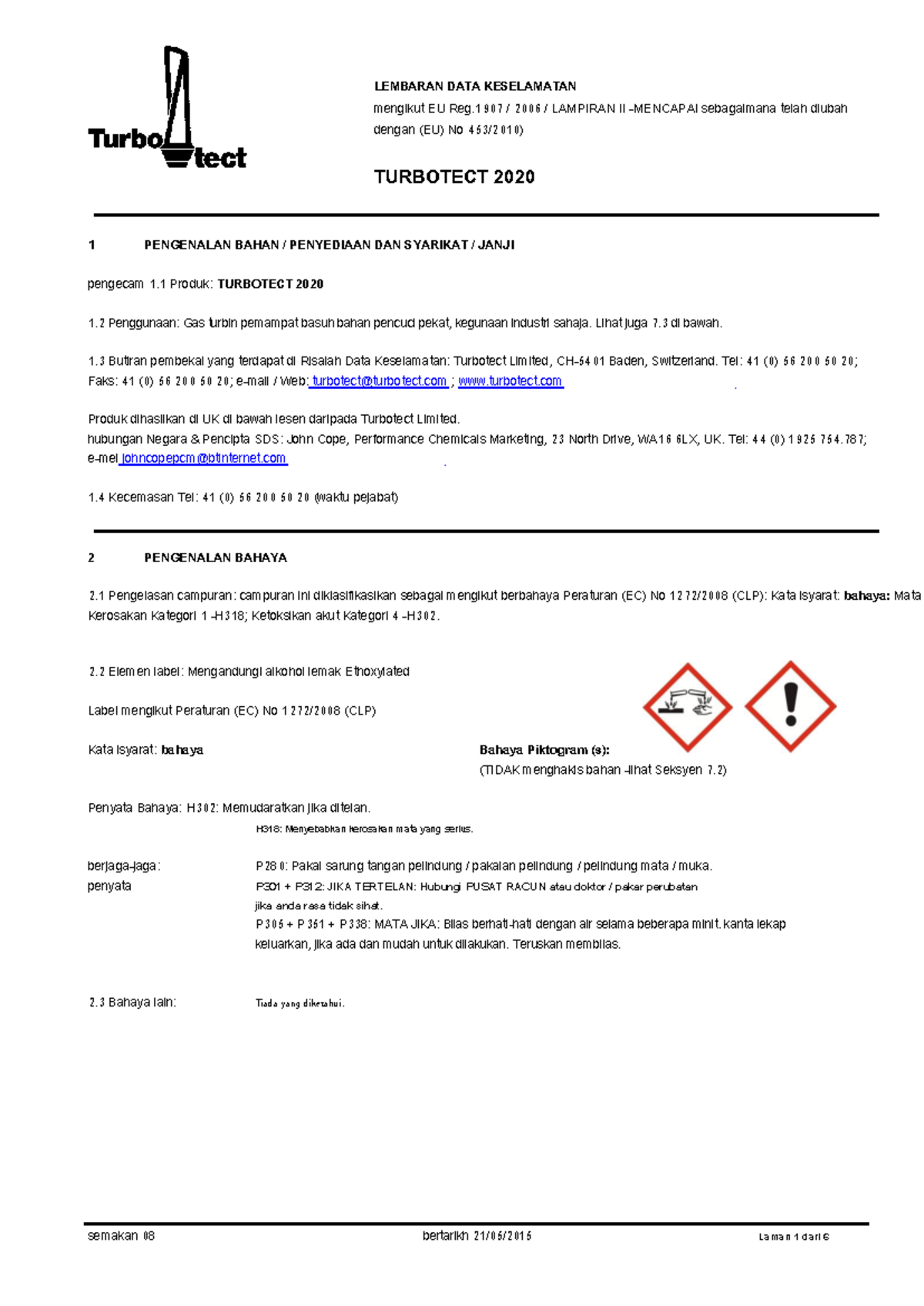 MSDS TURBOTECT 2020: Laporan Kesehatan & Keselamatan Rev. 08 - Studocu