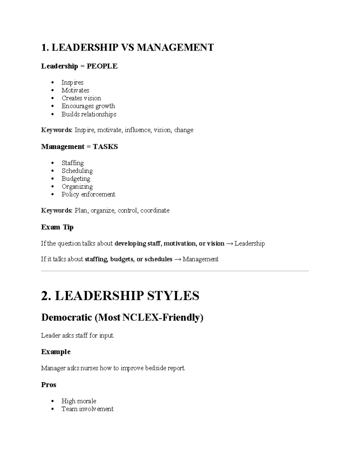 Study Guide for Exam 1: Leadership vs Management (Nursing) - Studocu