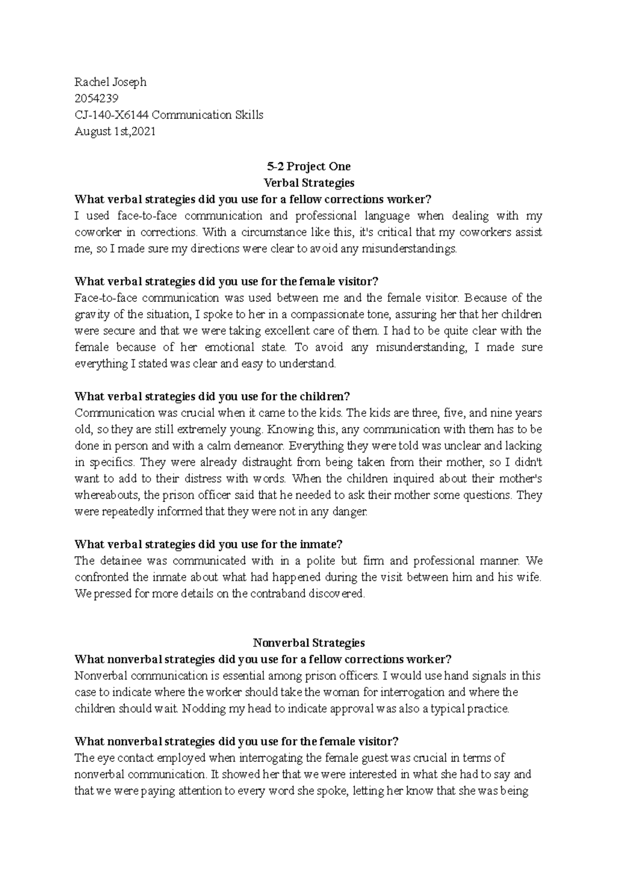CJ-140 Final Project 5-2: Verbal & Nonverbal Communication Strategies ...