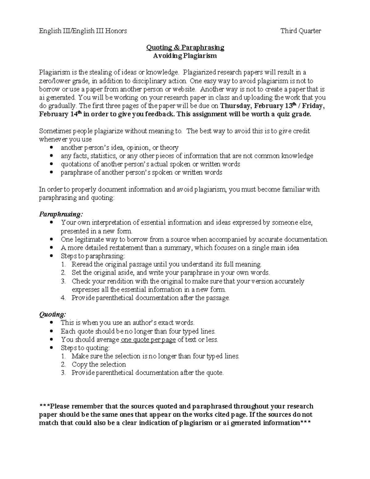English III - Research Paper on Quoting & Paraphrasing (2025) - Studocu