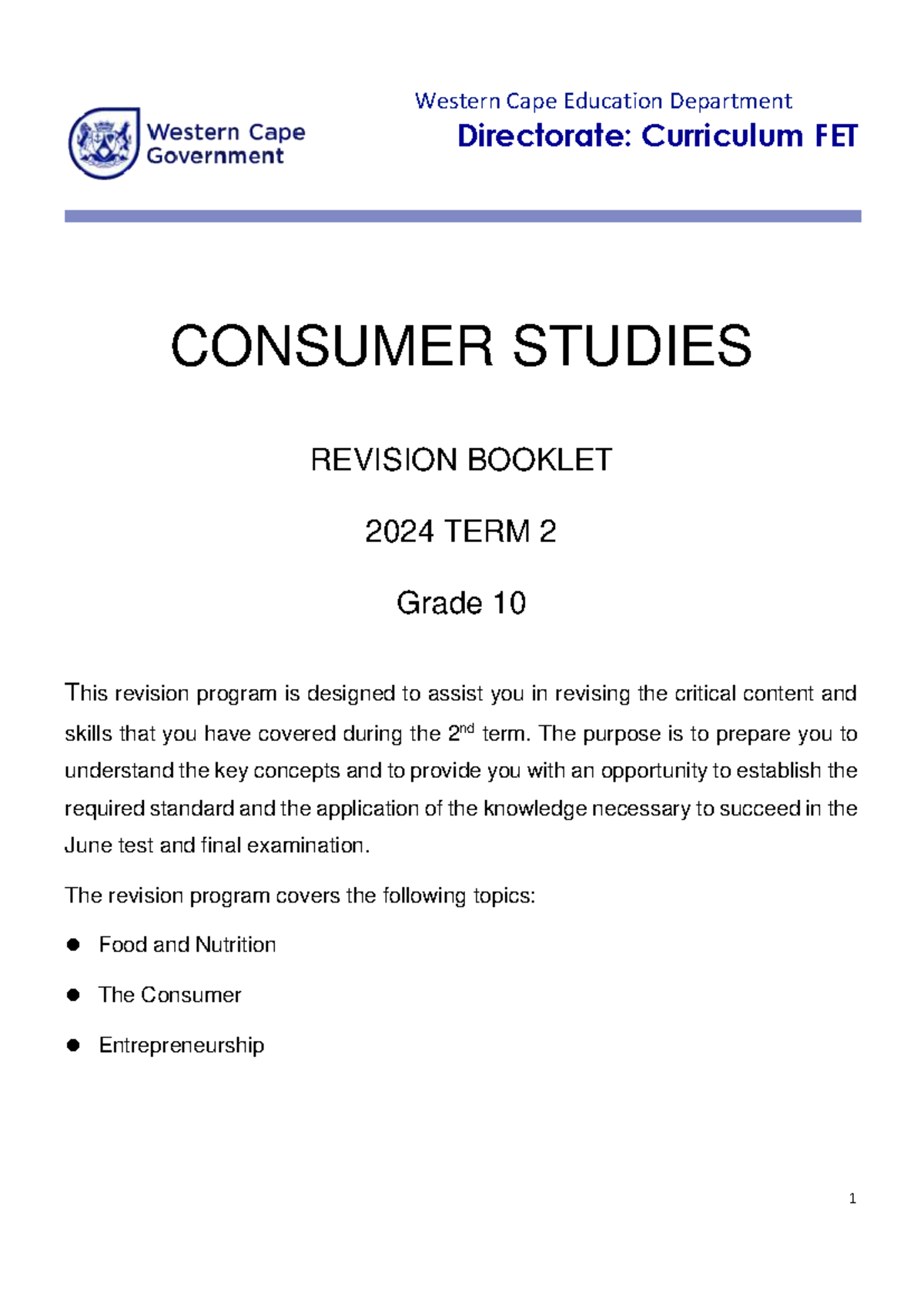 Grade 10 Consumer Studies Term 2 Revision Guide for 2024 - Studocu