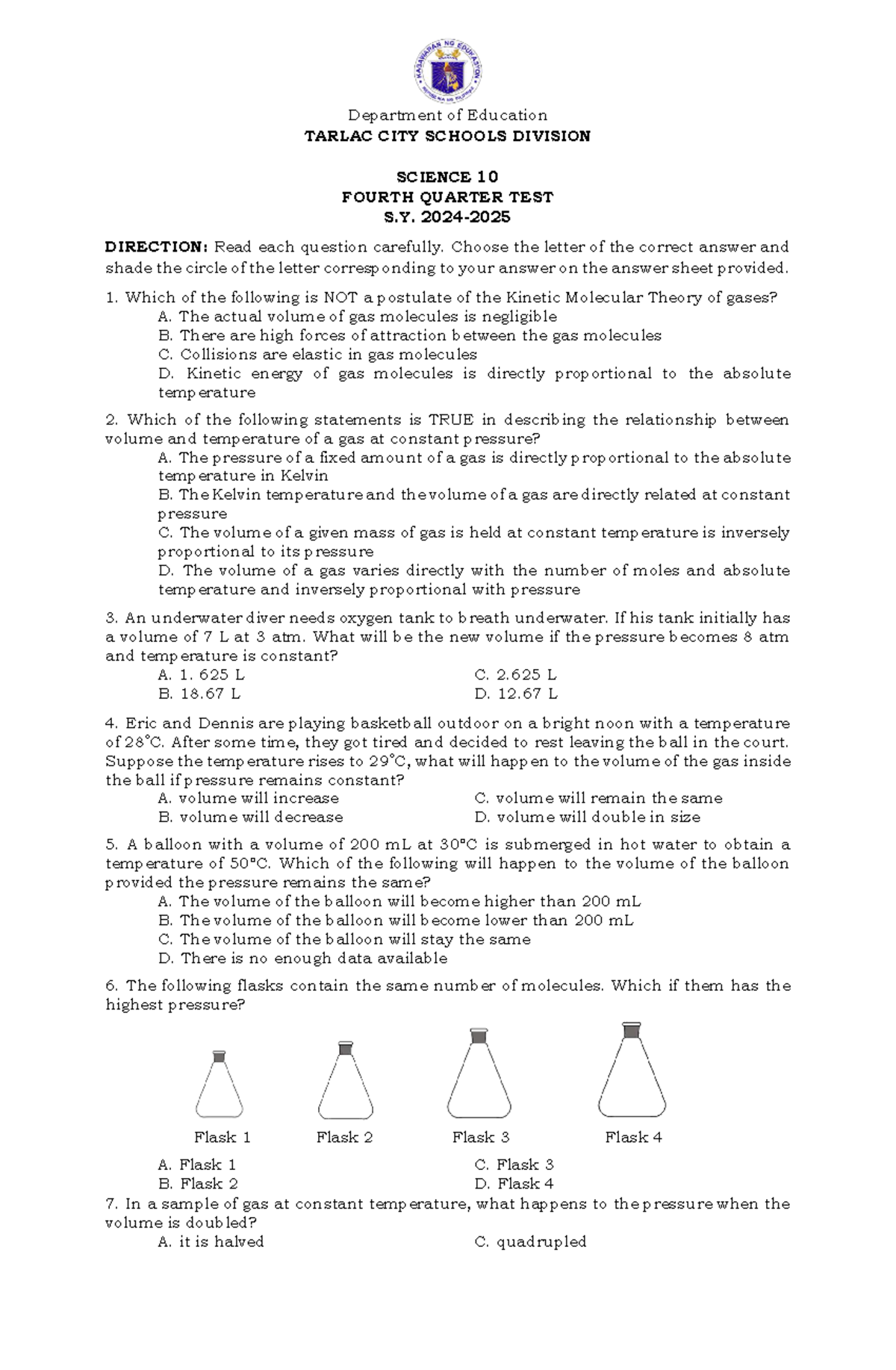 Quarter 4 Science 10 Test - Department of Education - Studocu