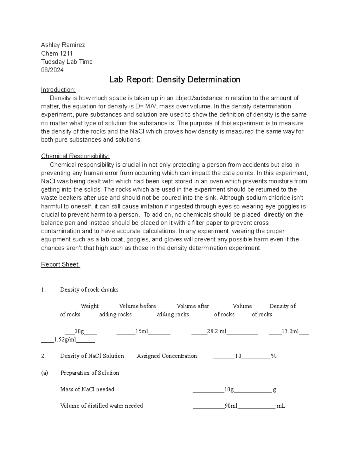 Chem 1211 Tuesday Lab Report: Density Determination Analysis - Studocu