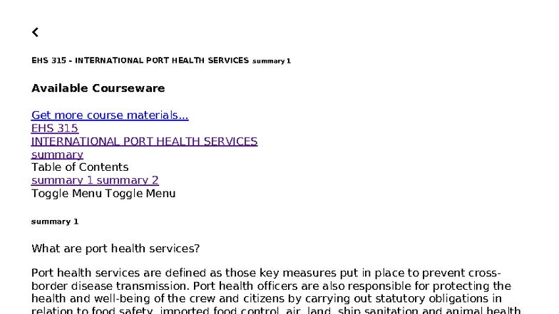EHS 315 International Port Health Services Summary 1 - Studocu