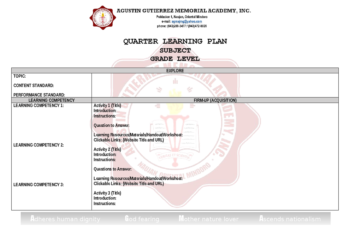 Quarter Learning Plan Template for Educational Activities - Studocu