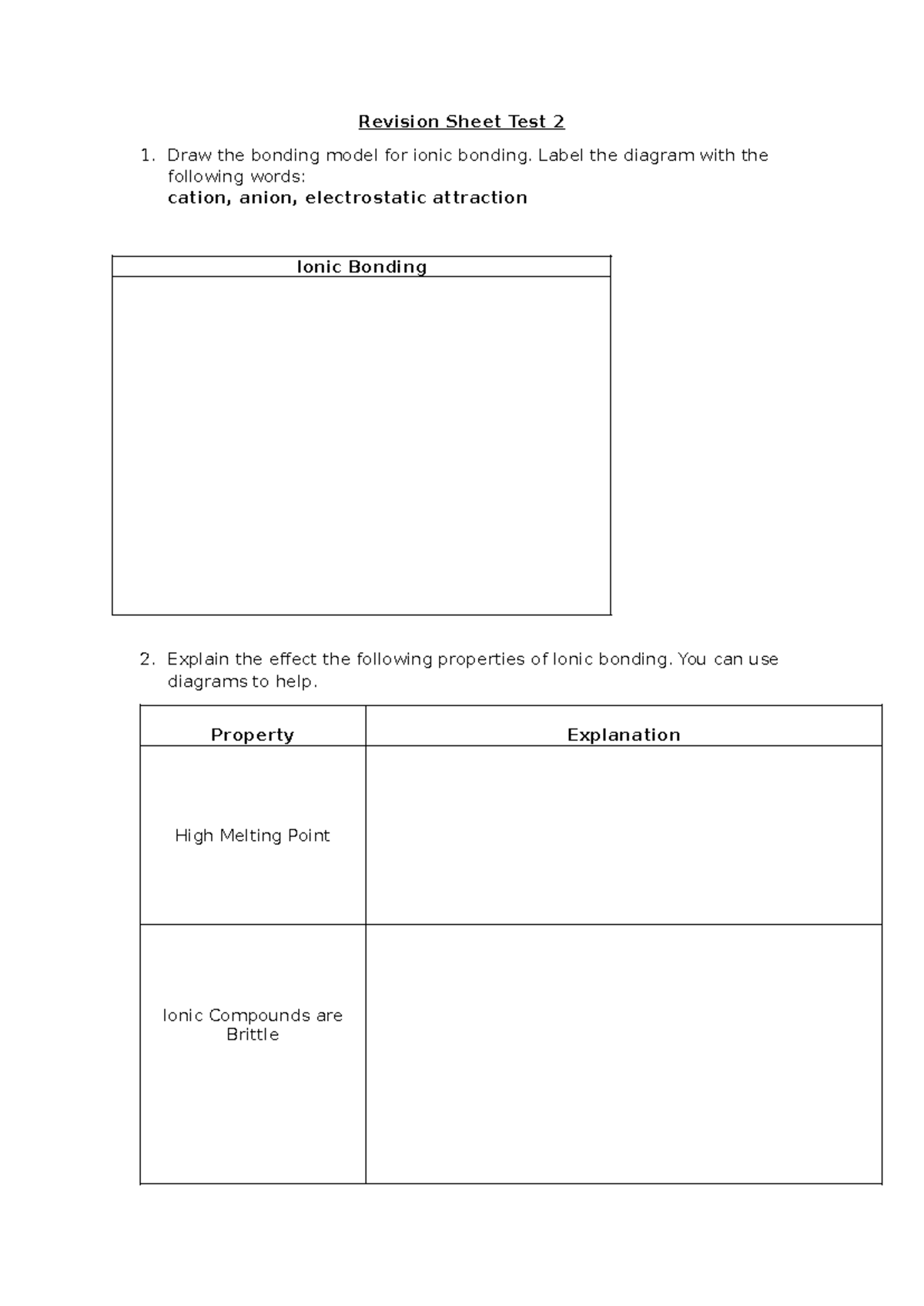 Revision Sheet Test 2: Ionic Bonding & Reactions Explained - Studocu