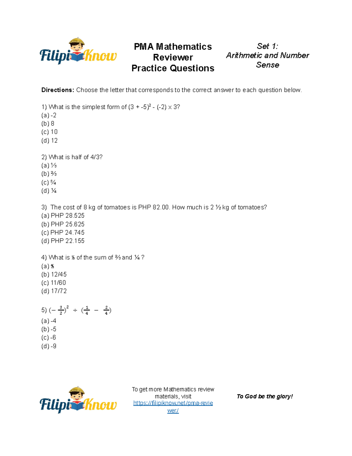 PMA Mathematics Reviewer Set 1: Practice Questions & Answers - Studocu