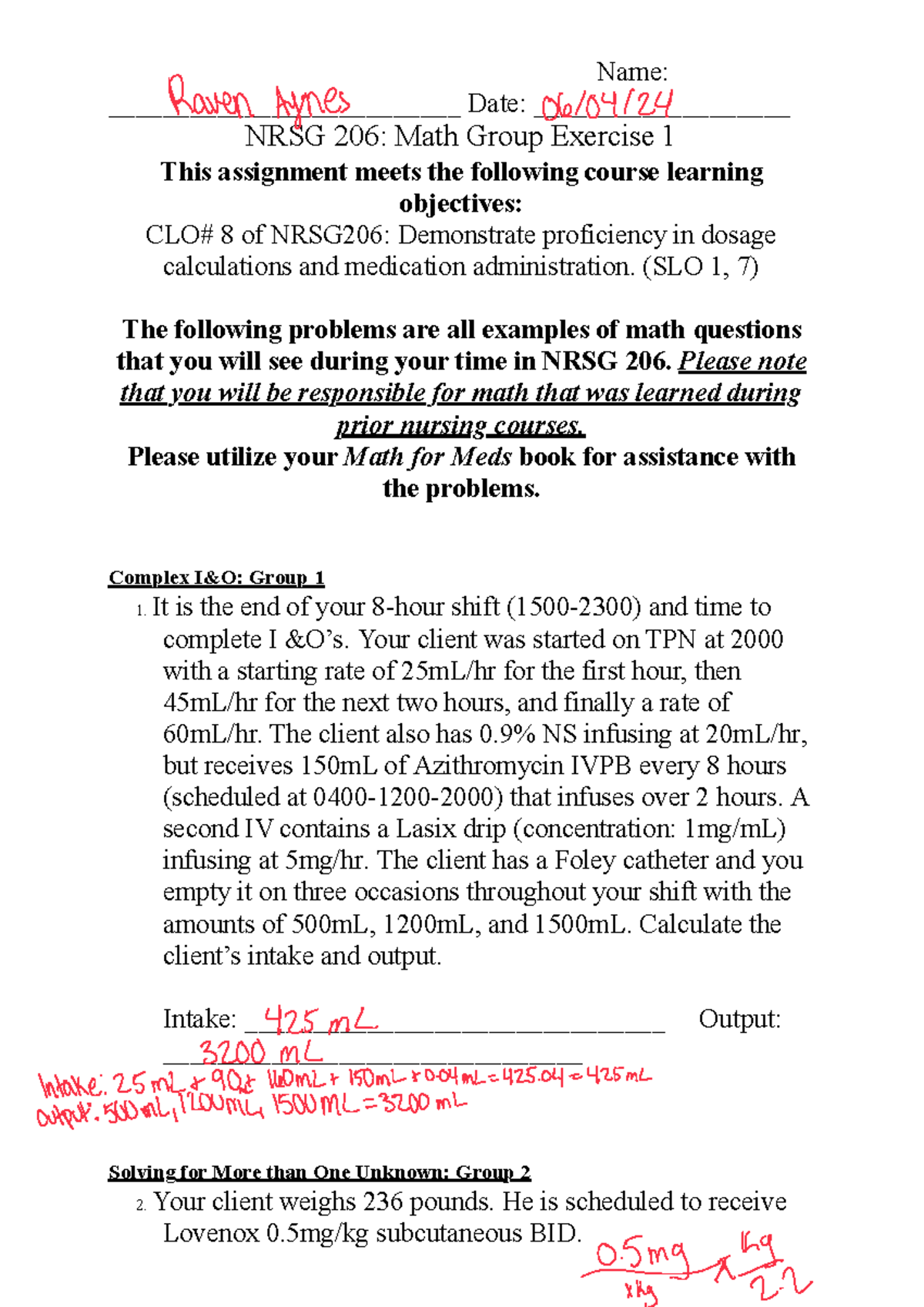 NRSG 206: Math Group Exercise 1 - Dosage Calculations & IV Infusions ...
