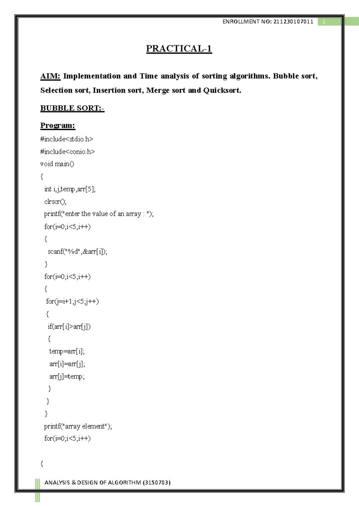 Sorting Algorithm Implementation and Analysis - ADA Pract - Studocu