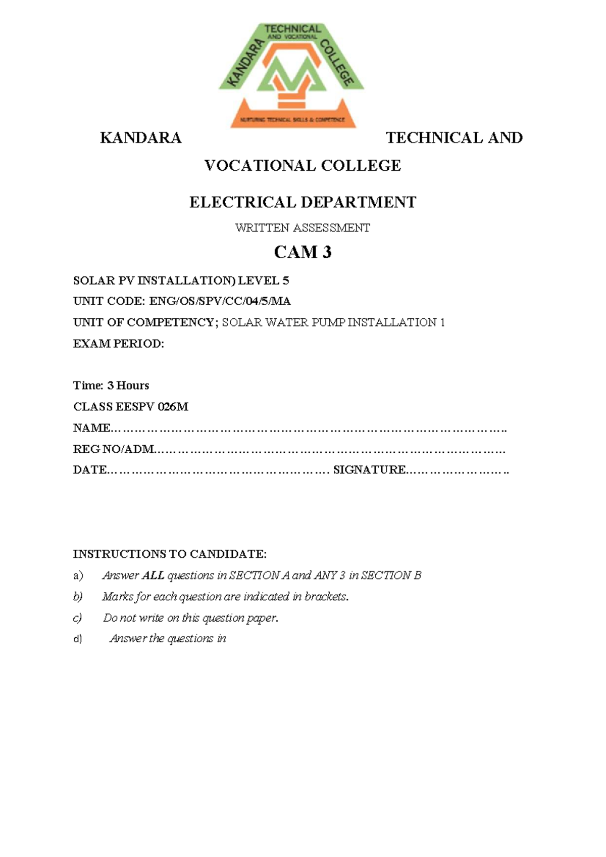 Solar PV Installation Exam - CAM 3 EESPV 026M Level 5 - Studocu