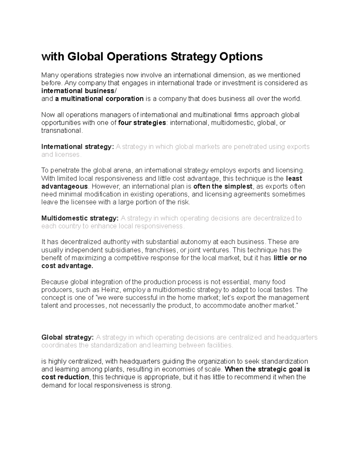 Global Operations Strategy Options (INTL 101: Lecture Notes) - Studocu