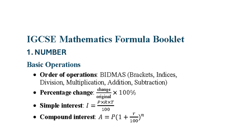 IGCSE Mathematics Formula Booklet: Comprehensive Guide - Studocu