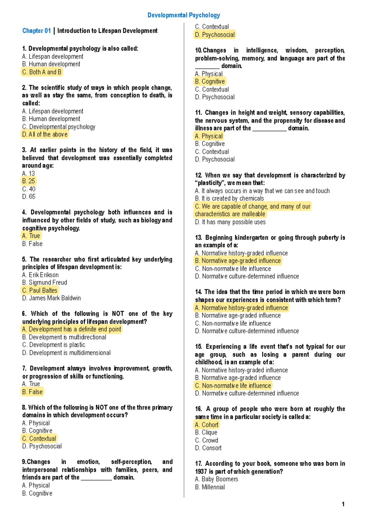 Devpsy - Chapter 01 Test Bank: Introduction to Lifespan Development ...