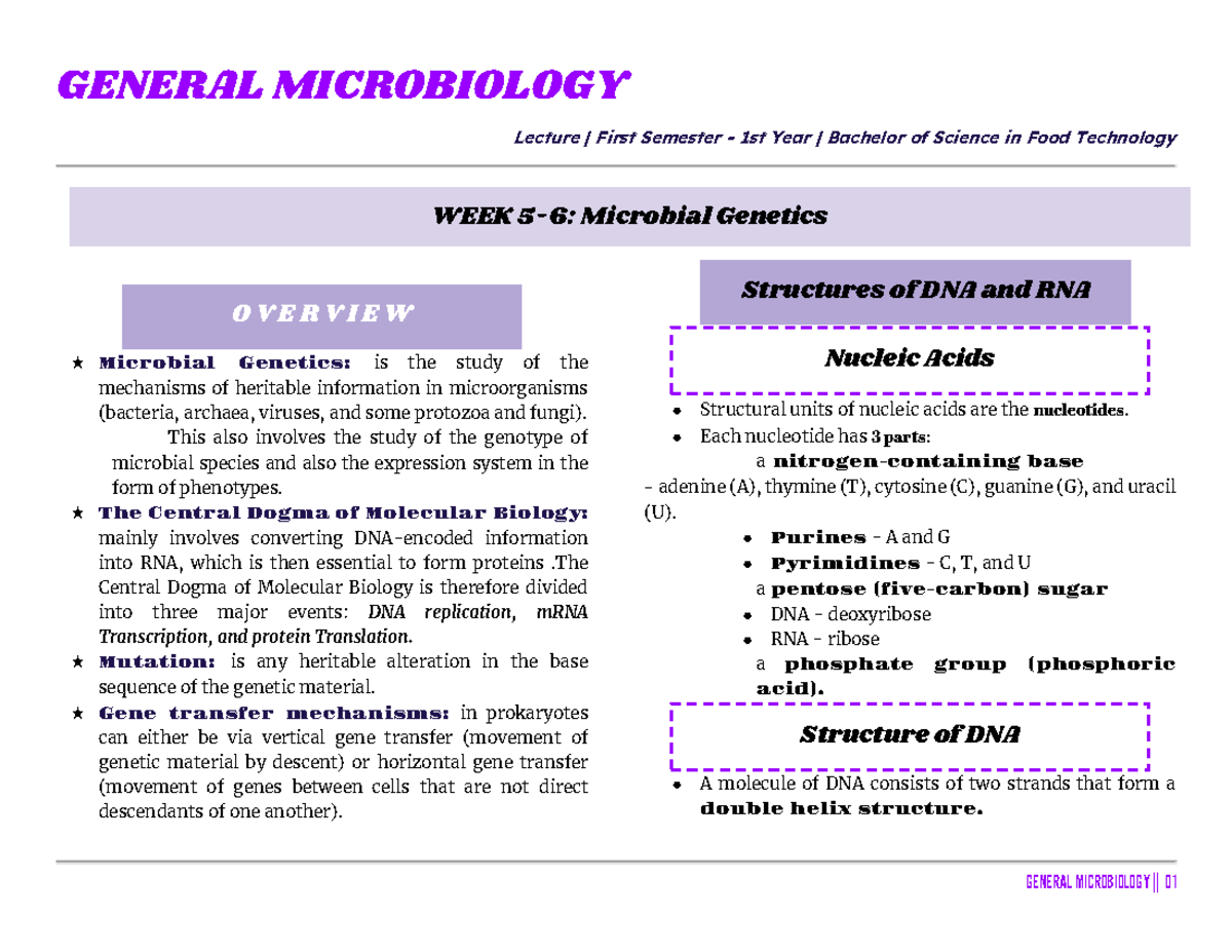 Microbial Genetics (LEC) - BS Food Tech: Key Concepts & Central Dogma ...