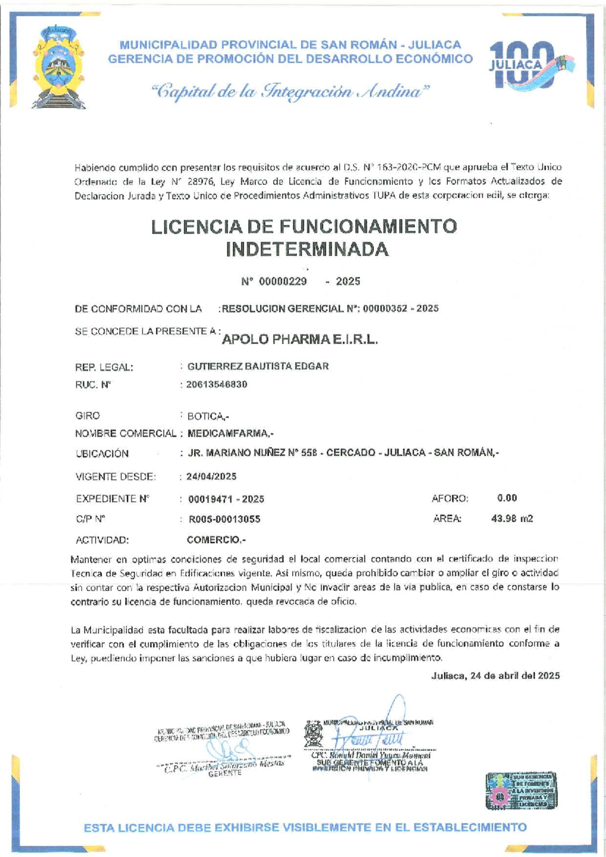 Licencia de Funcionamiento Indeterminada 2025 - Apolo Pharma E.I.R.L ...