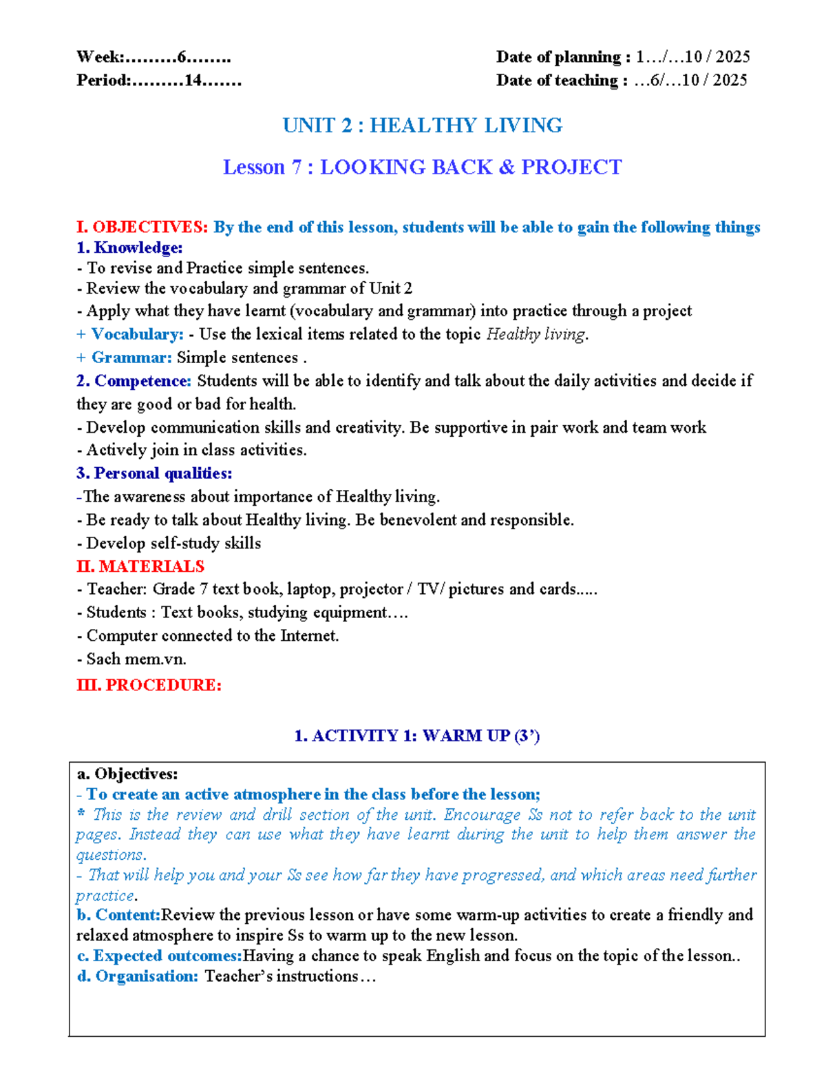 Unit 2 - Lesson 7: Healthy Living Review & Project Guide - Studocu