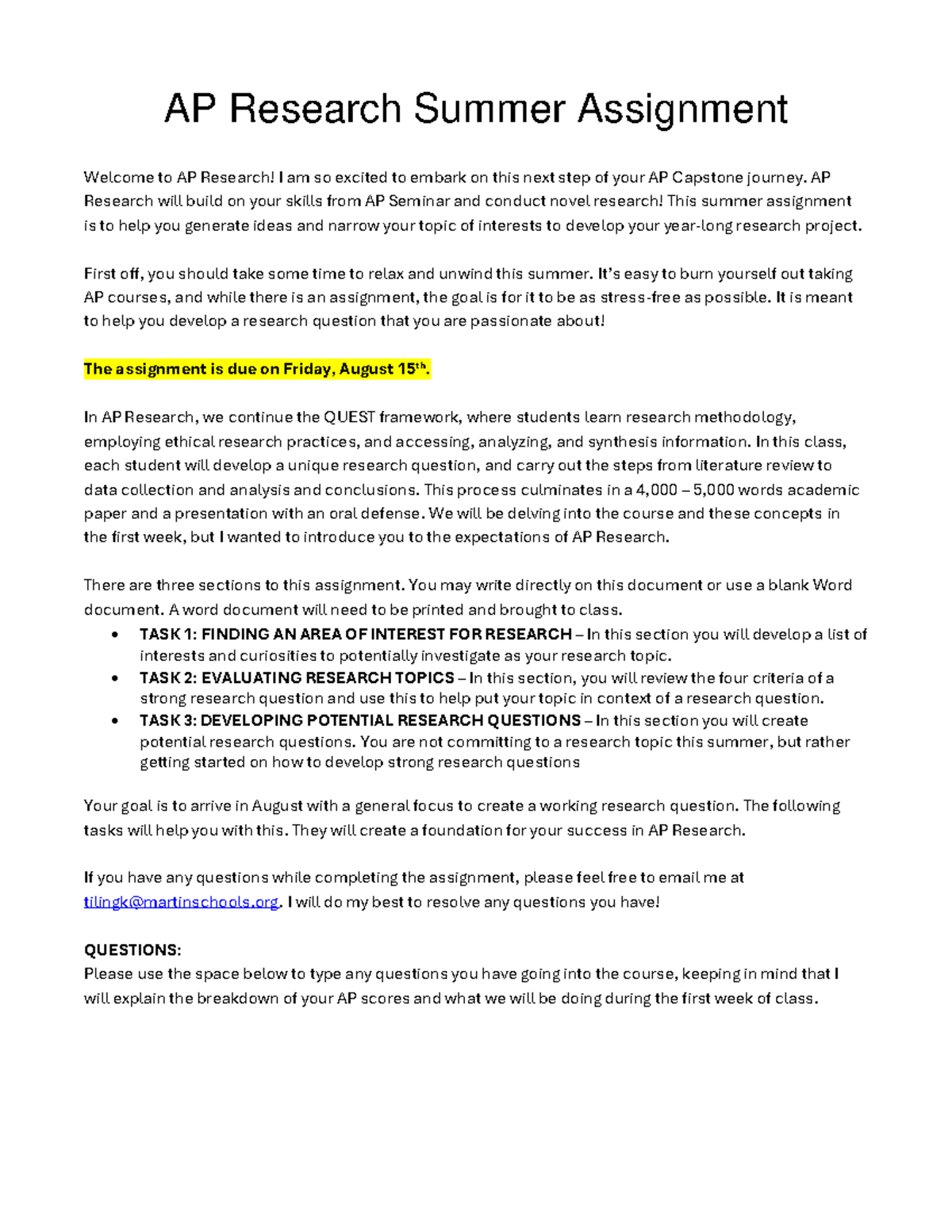 AP Research Summer Assignment: Preparing for Your Journey - Studocu