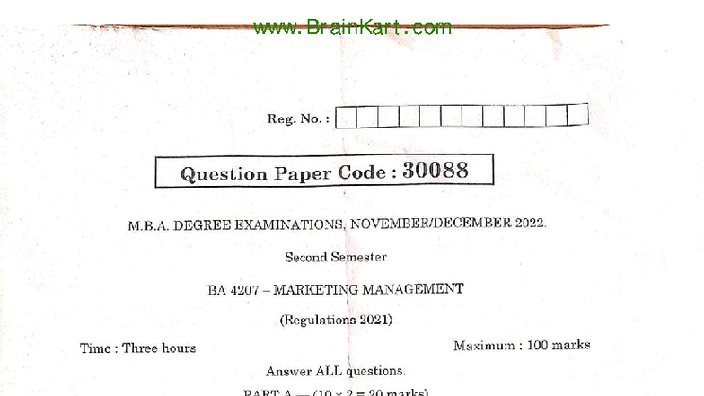 Marketing Management Question Paper - BA4207 Nov-Dec 2022 - Studocu