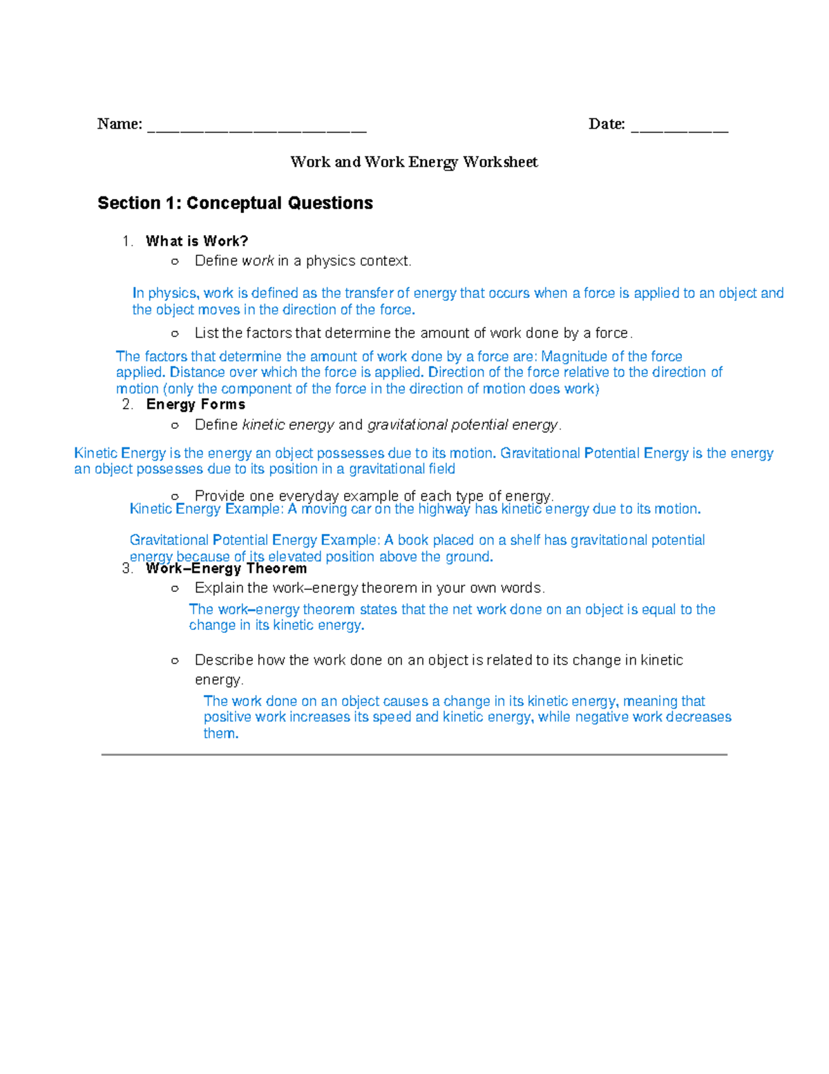 Recitation 6: Work and Energy Concepts Worksheet - Studocu
