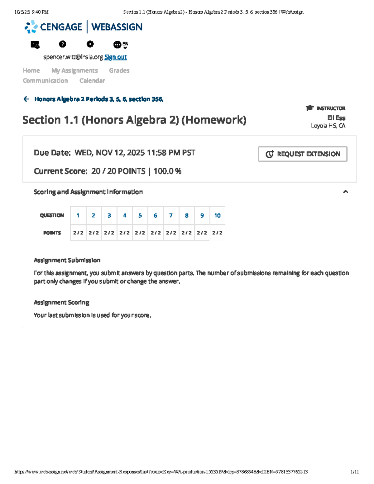 Honors Algebra 2 (356) Homework: Section 1.1 Assignment Responses - Studocu
