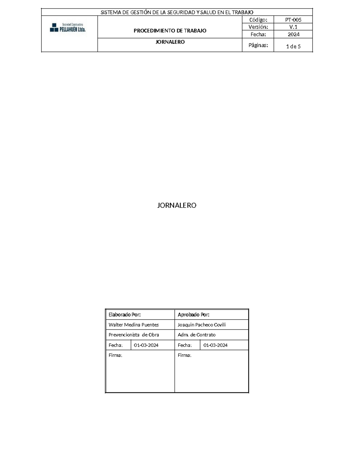 PT005 Procedimiento de Trabajo Seguro para Jornalero - 2024 - Studocu