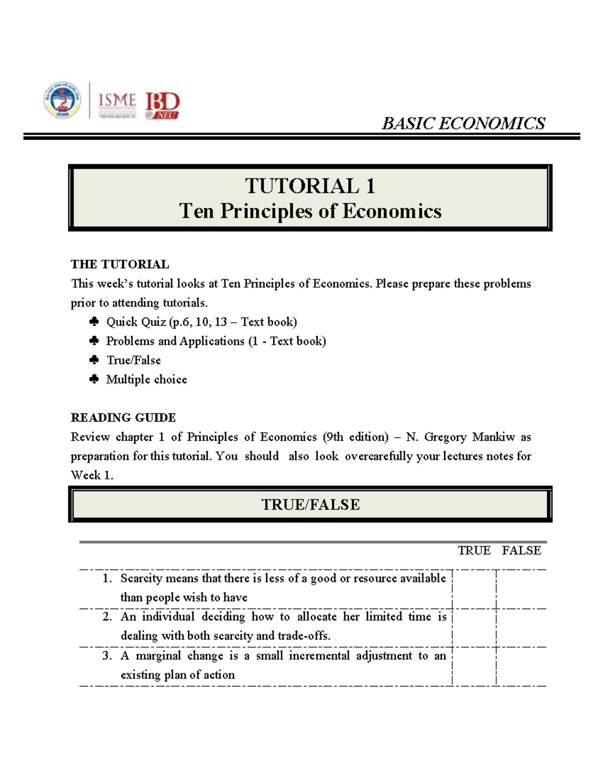 STU - Tutorial 1 - practice - BASIC ECONOMICS TUTORIAL 1 Ten Principles ...
