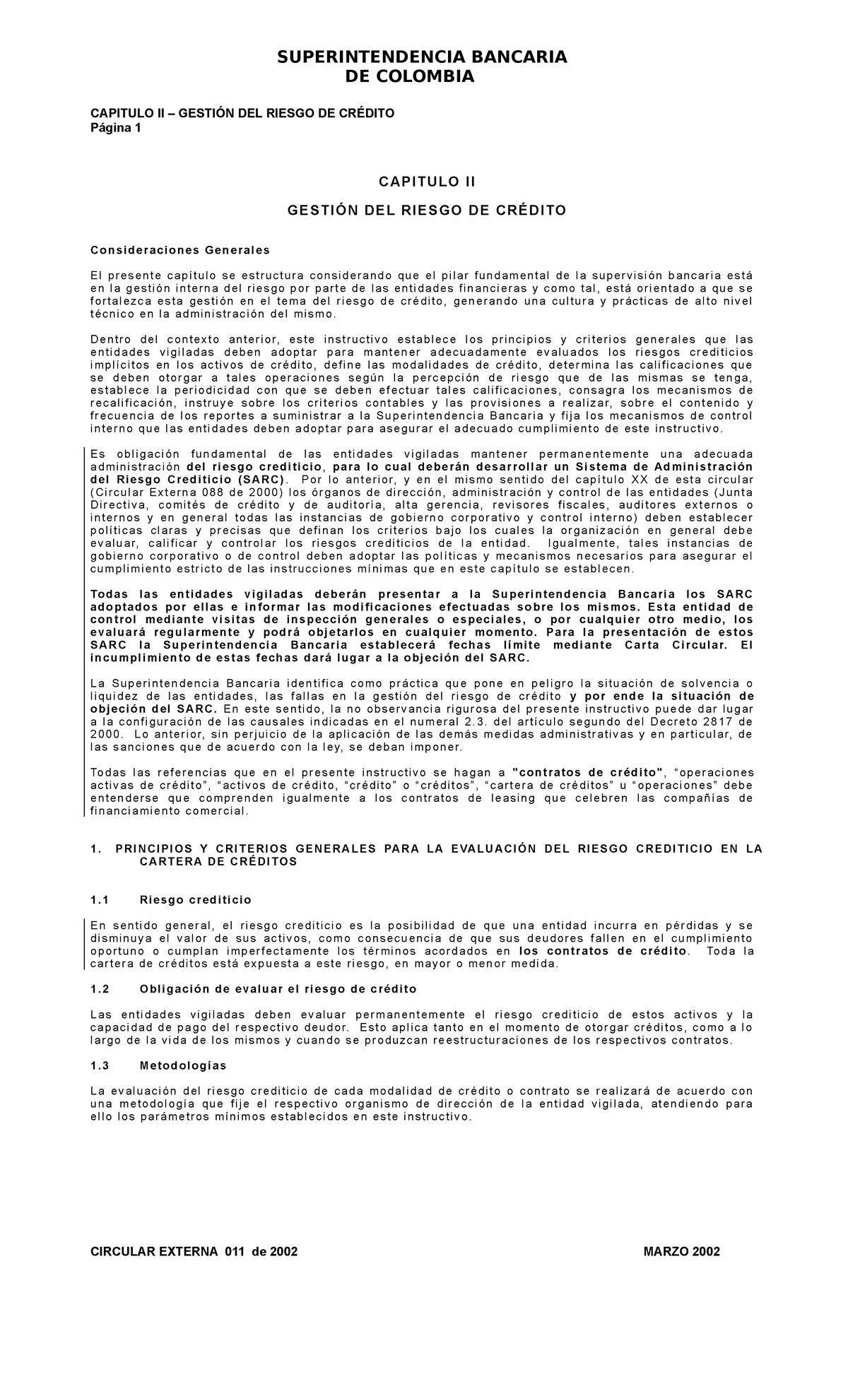 Guía de Gestión de Riesgo de Crédito - Circular Externa 011 de 2002 ...