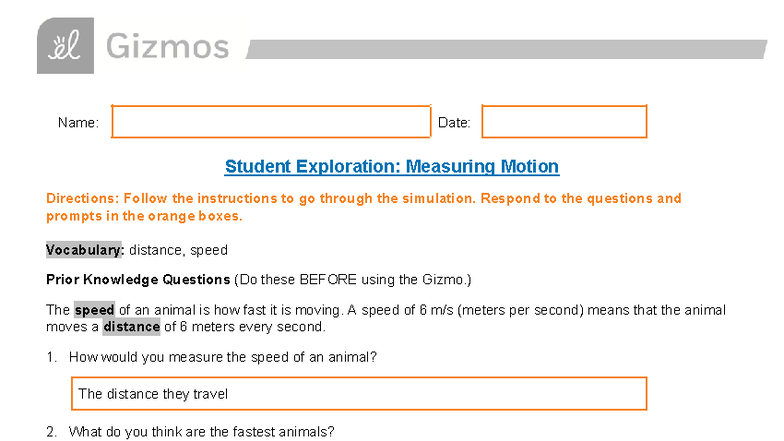 Copy of Measuring Motion SE: Student Exploration Guide - Studocu