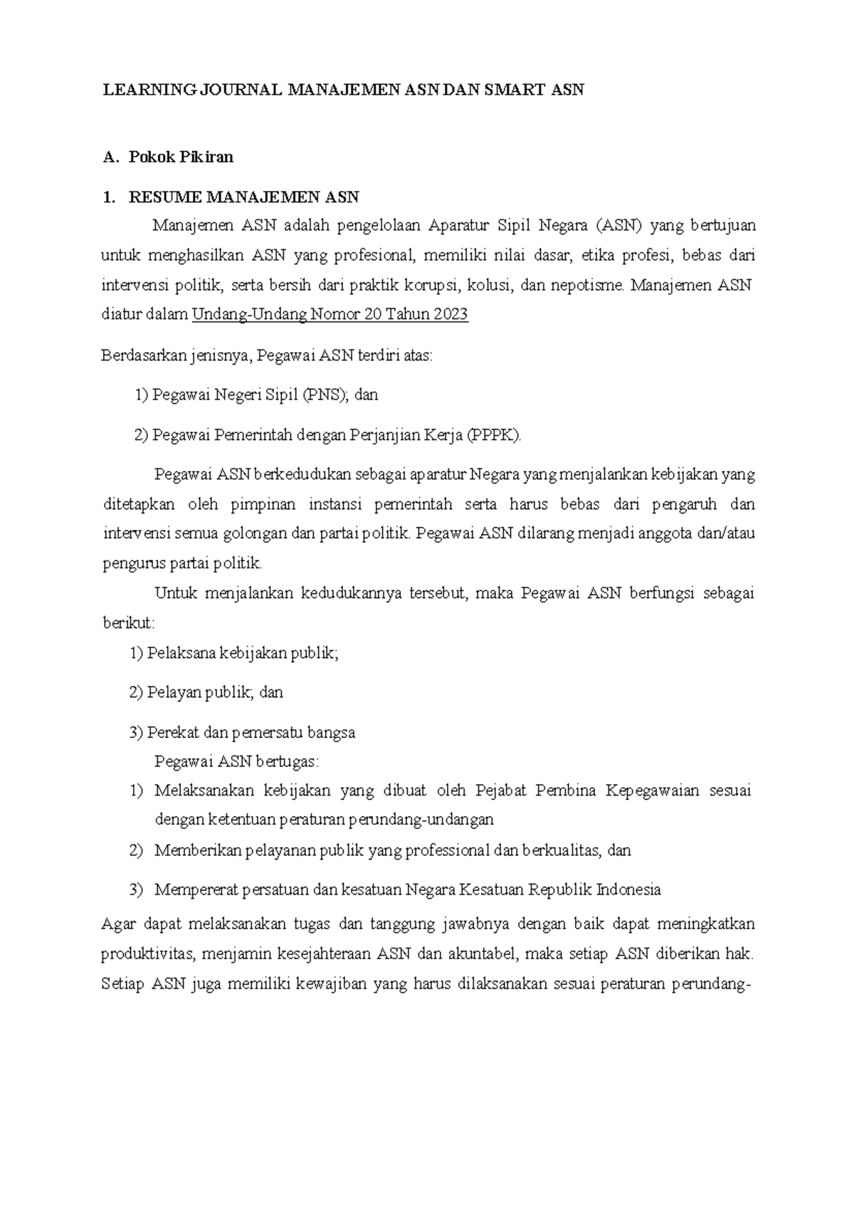 LJ Manajemen ASN & Smart ASN: Analisis dan Penerapan Prinsip - Studocu