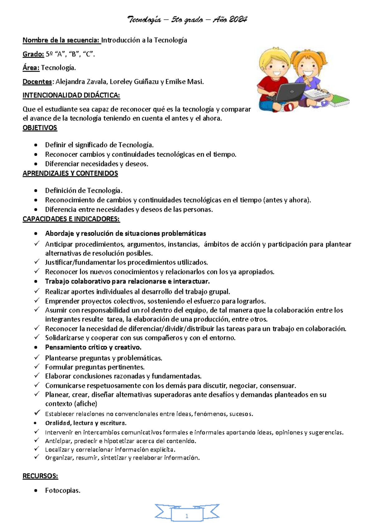Actividades Iniciales Tecnología 5to Grado Secuencia Didáctica