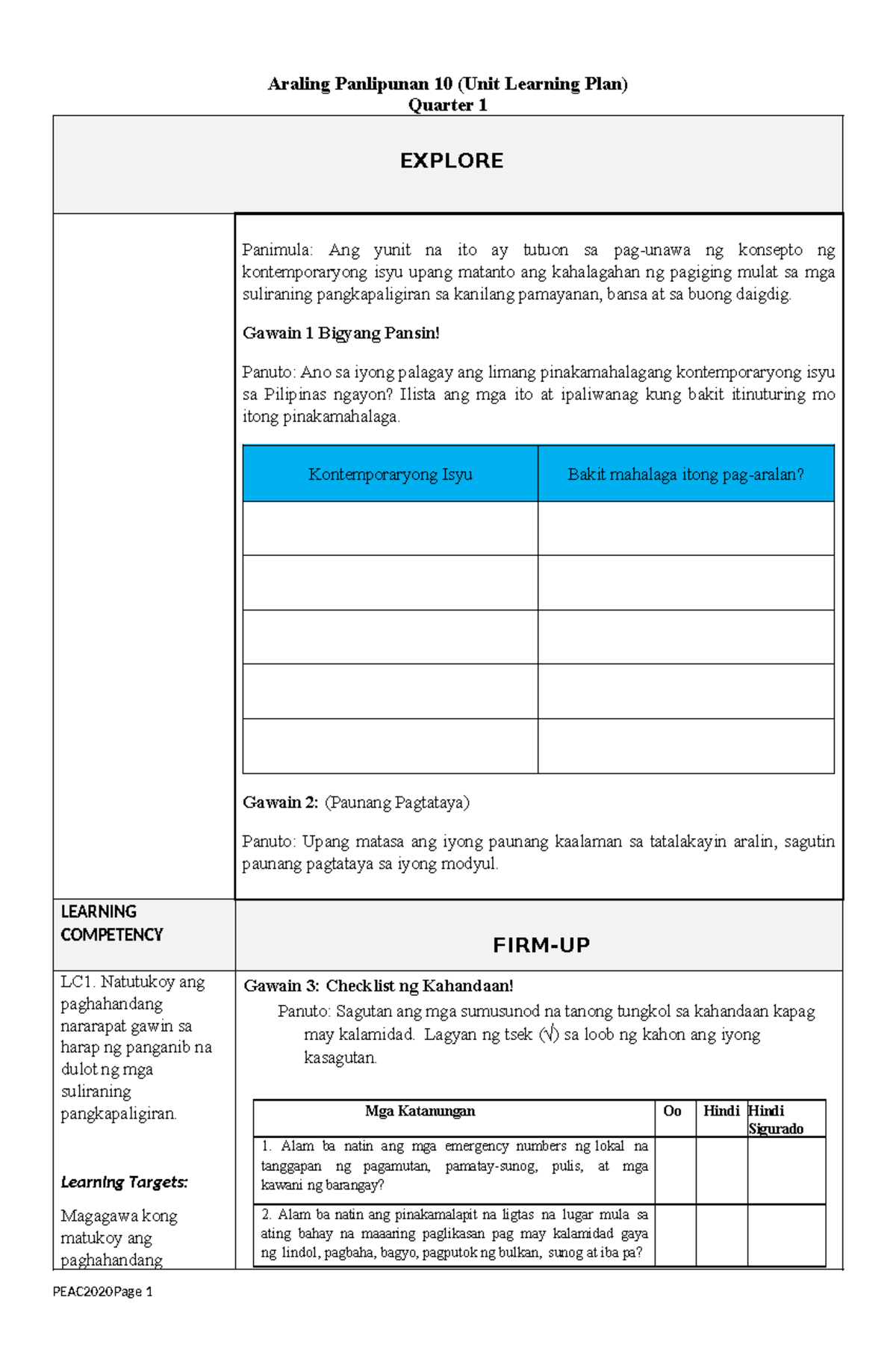 AP10 Learning Plan: Kontemporaryong Isyu at Paghahanda sa Kalamidad - Studocu