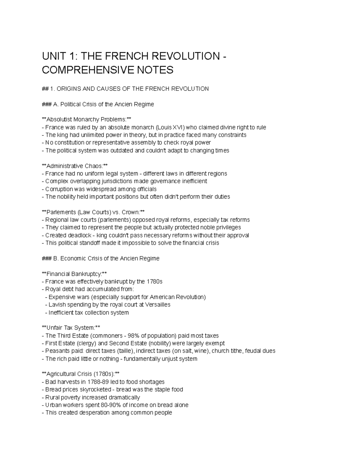 UNIT 1: FRENCH REVOLUTION - COMPREHENSIVE NOTES ON ORIGINS & CAUSES ...
