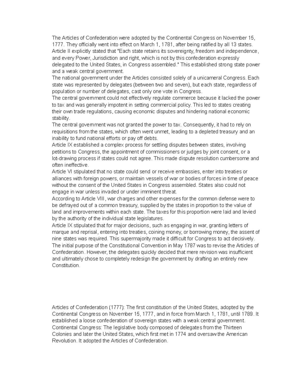 Articles of Confederation: Overview and Key Challenges (HIST 101) - Studocu