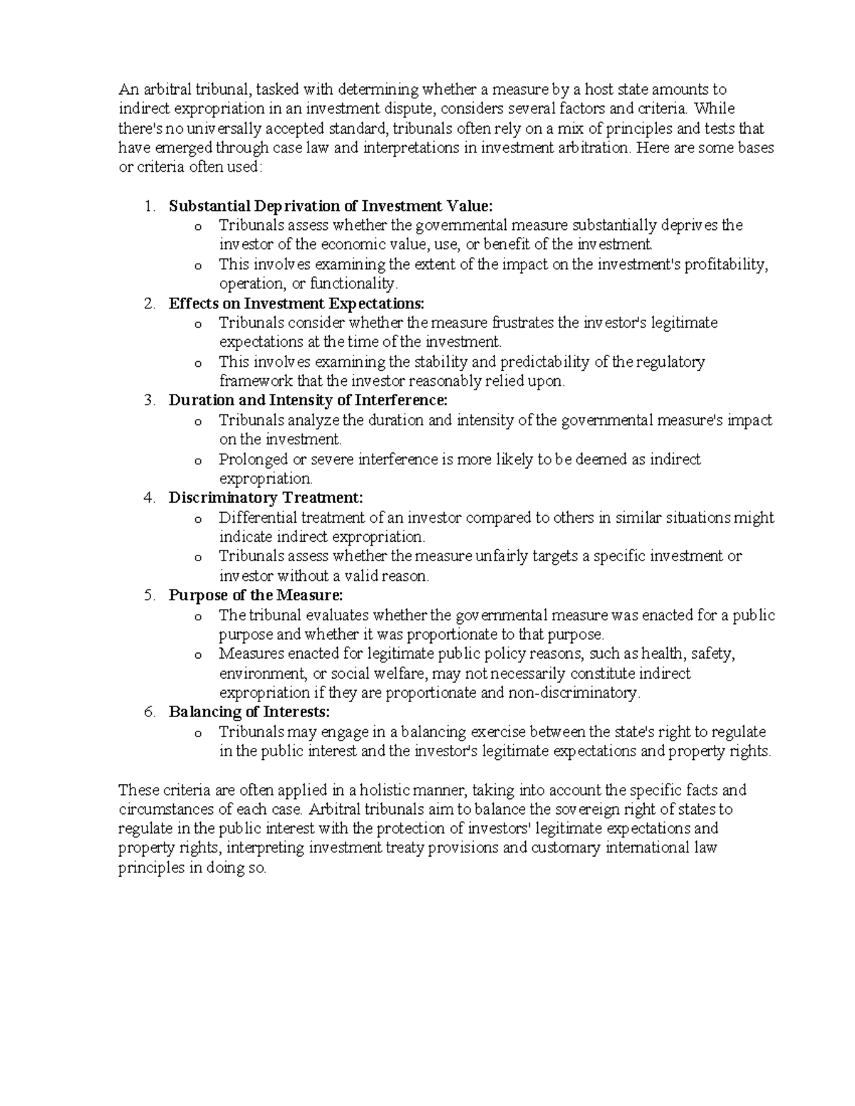 Arbitral Tribunal Criteria for Indirect Expropriation in Investment ...