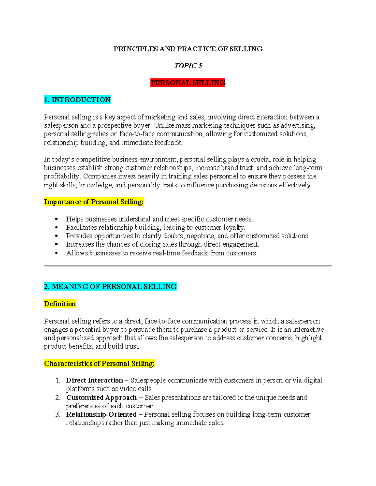 Personal Selling - Detailed Notes on Principles & Practices - Studocu