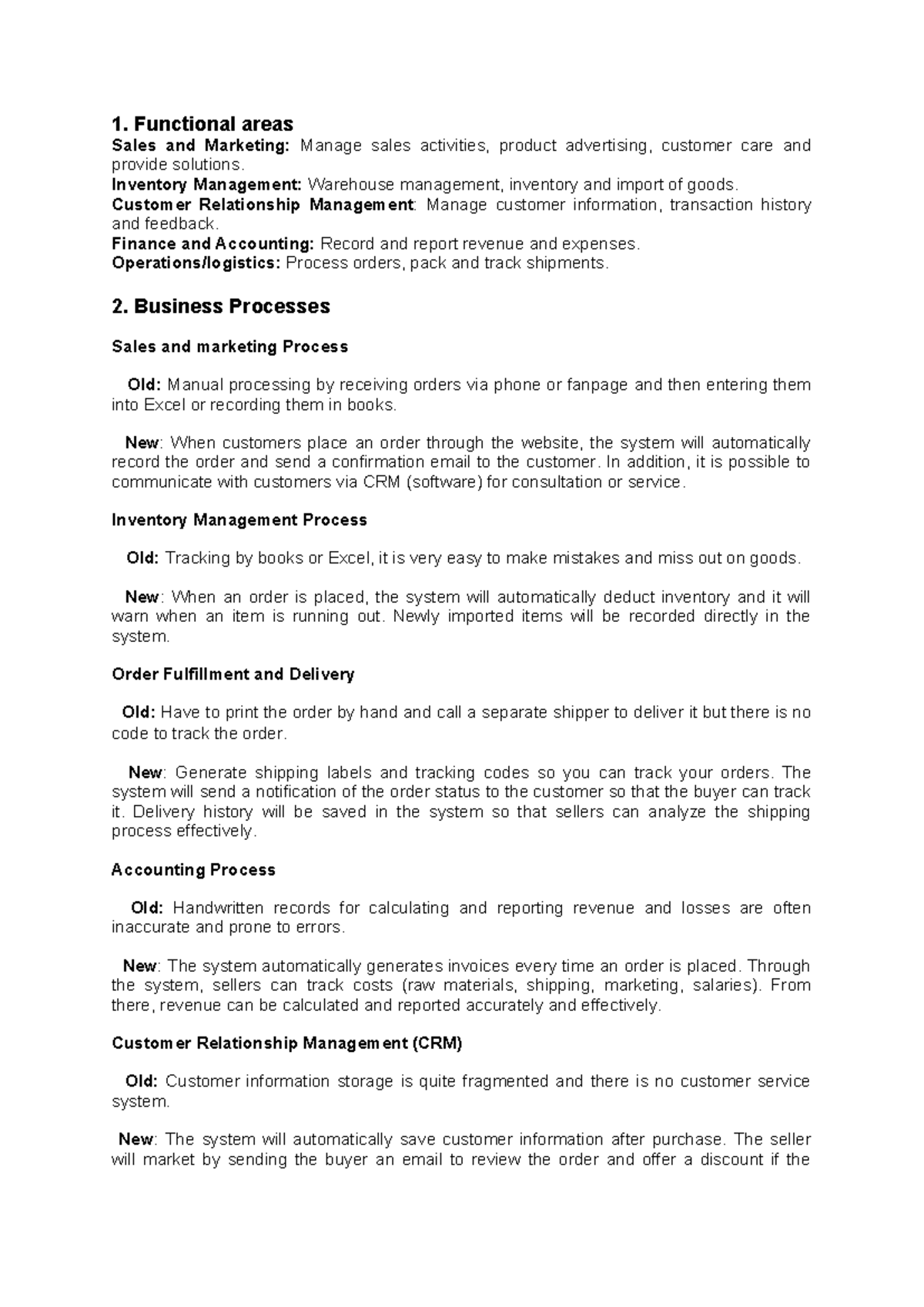 Company's Functional Areas & Business Processes Overview (BUS 101 ...