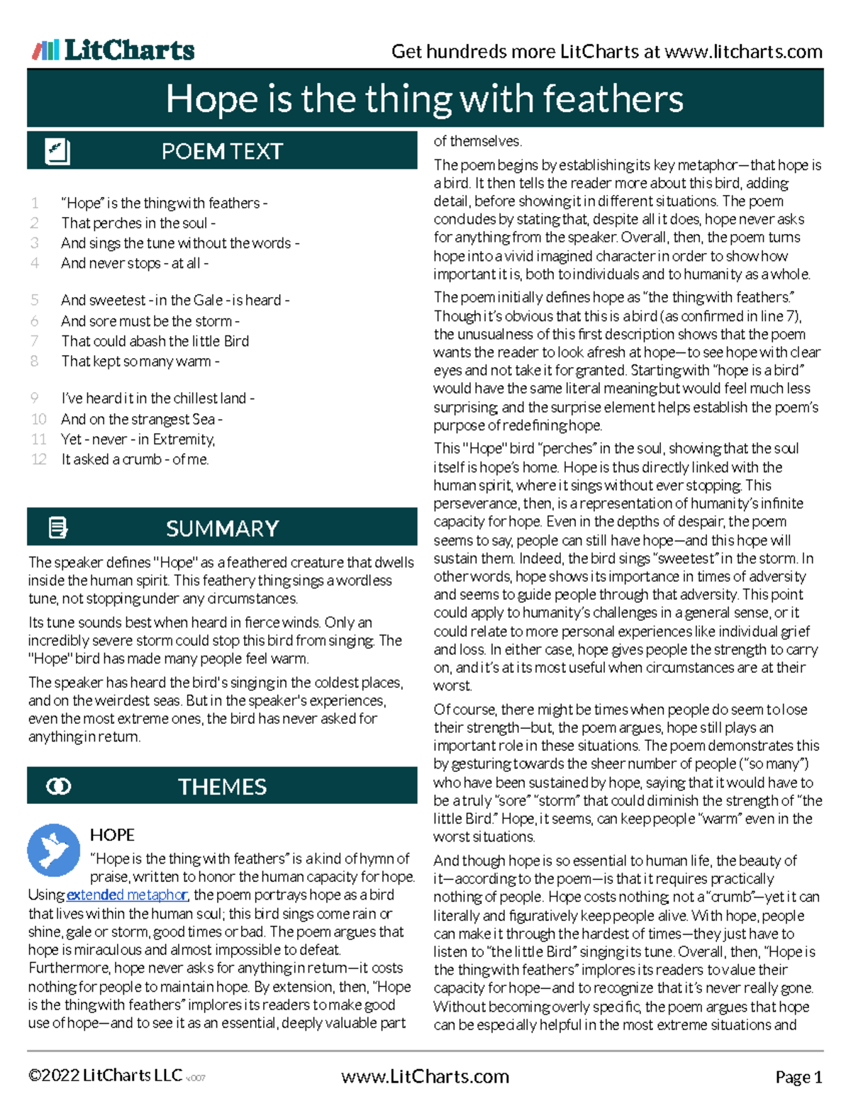 LitCharts Analysis of "Hope is the Thing with Feathers" - POEM TEXT ...