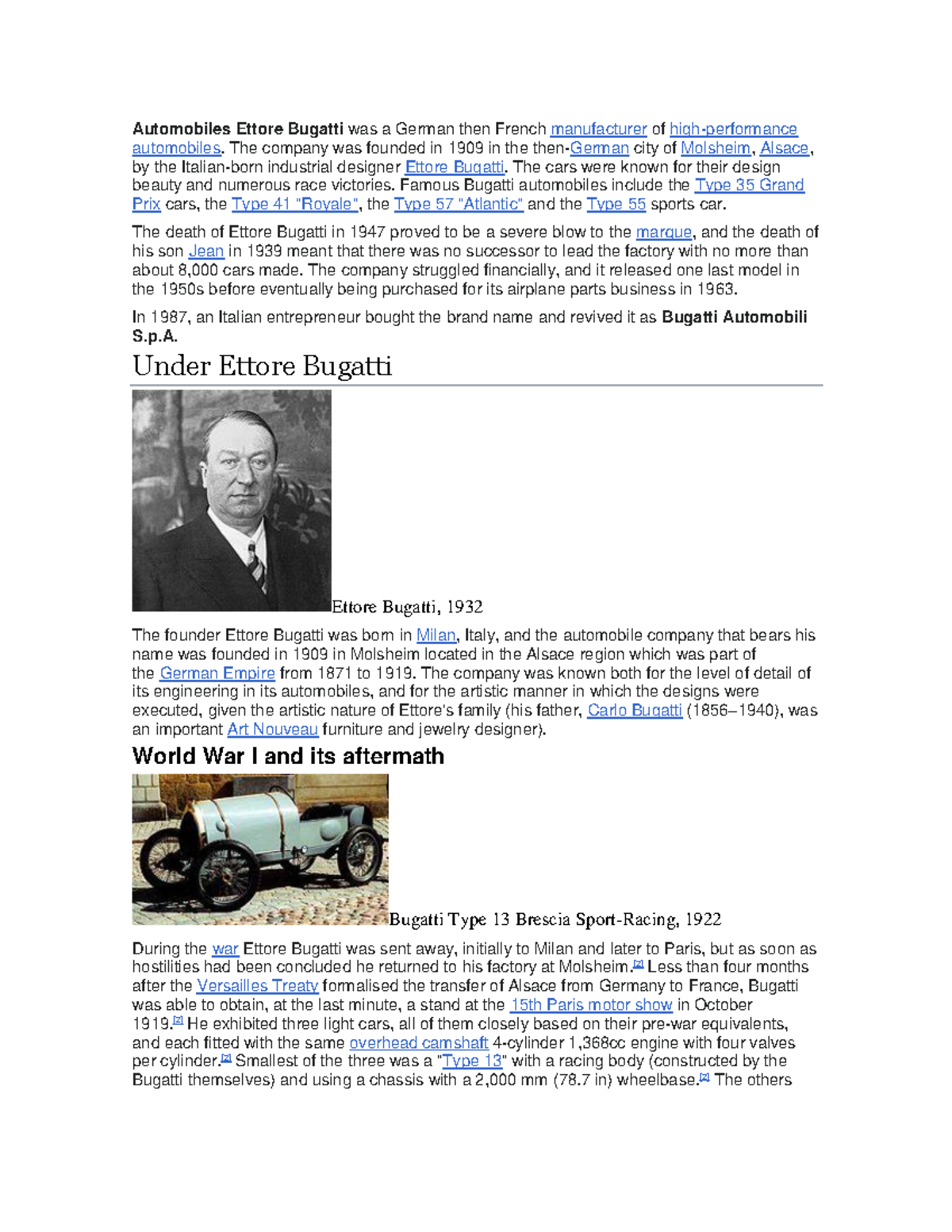 Ettore Bugatti: Legacy of a Legendary Automobile Manufacturer - Studocu