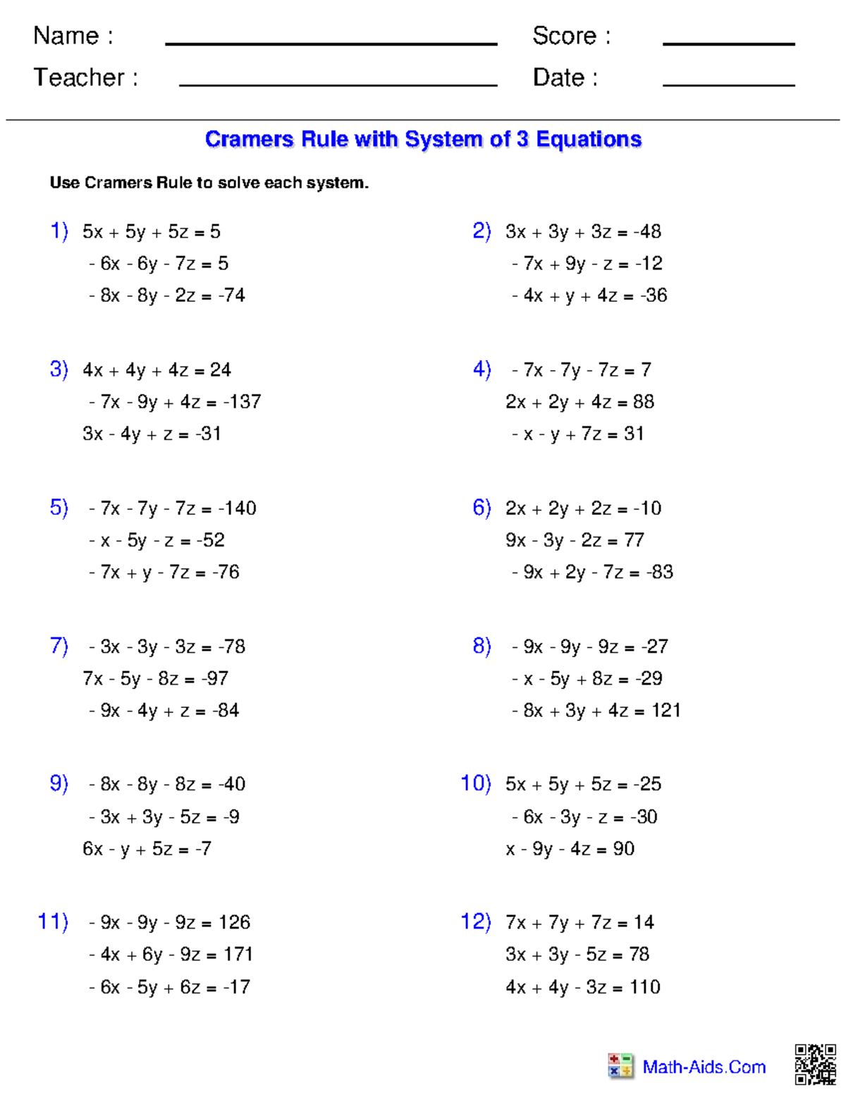 Algebra 2: Cramer's Rule for 3x3 Systems of Equations - Studocu