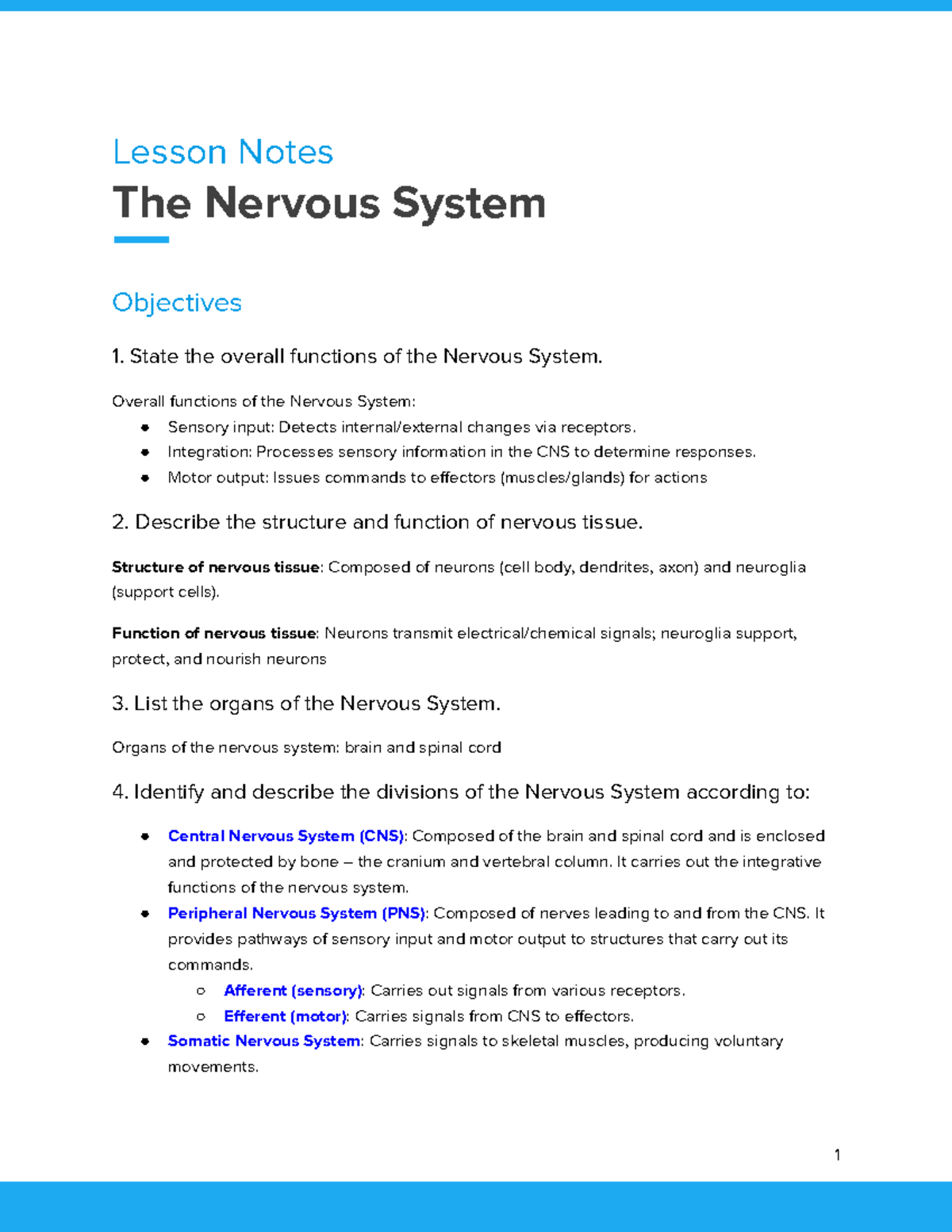 ANAT1052 - Unit 10 The Nervous System - Lesson Notes The Nervous System ...