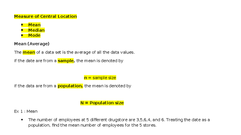 MATH- Reviewer: Measures of Central Location - Mean, Median, Mode - Studocu