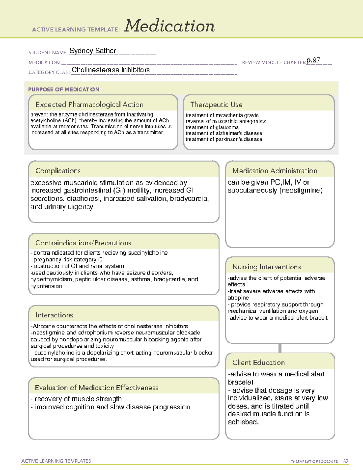 Cholinesterase Inhibitors: Active Learning Template for Med 101 - Studocu