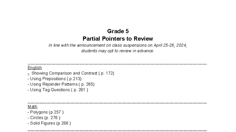 Grade 5 Review Guide: Partial Pointers for All Subjects - Studocu