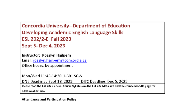 ESL 202 Course Outline: Developing Academic English Skills (Fall 2023) - Studocu