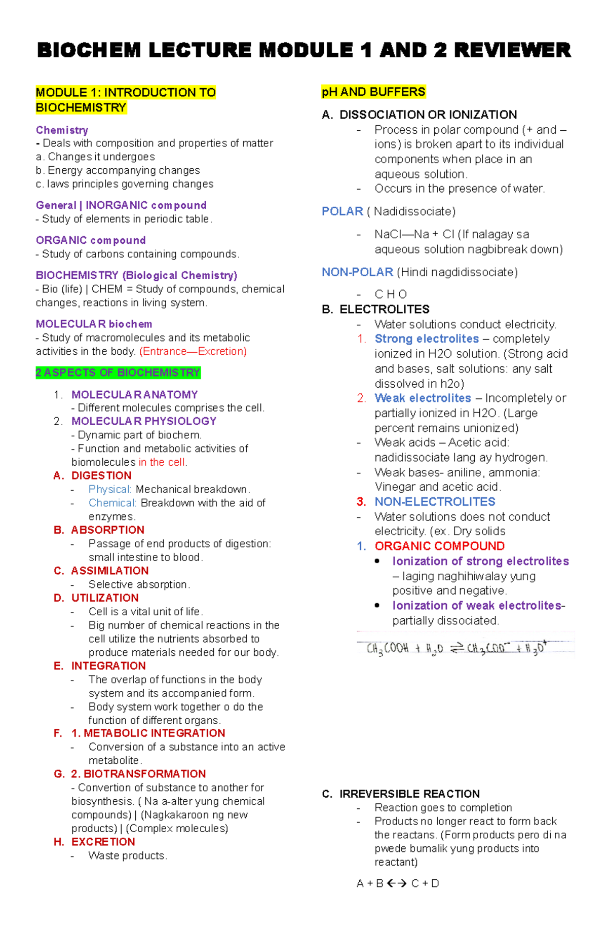 BIOCHEM LECTURE MODULE 1 & 2 REVIEWER: pH AND BUFFERS - Studocu