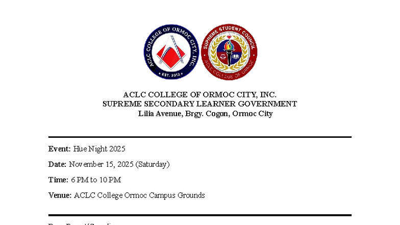 ACLC COLLEGE Parental Consent for Hue Night 2025 Event - Studocu