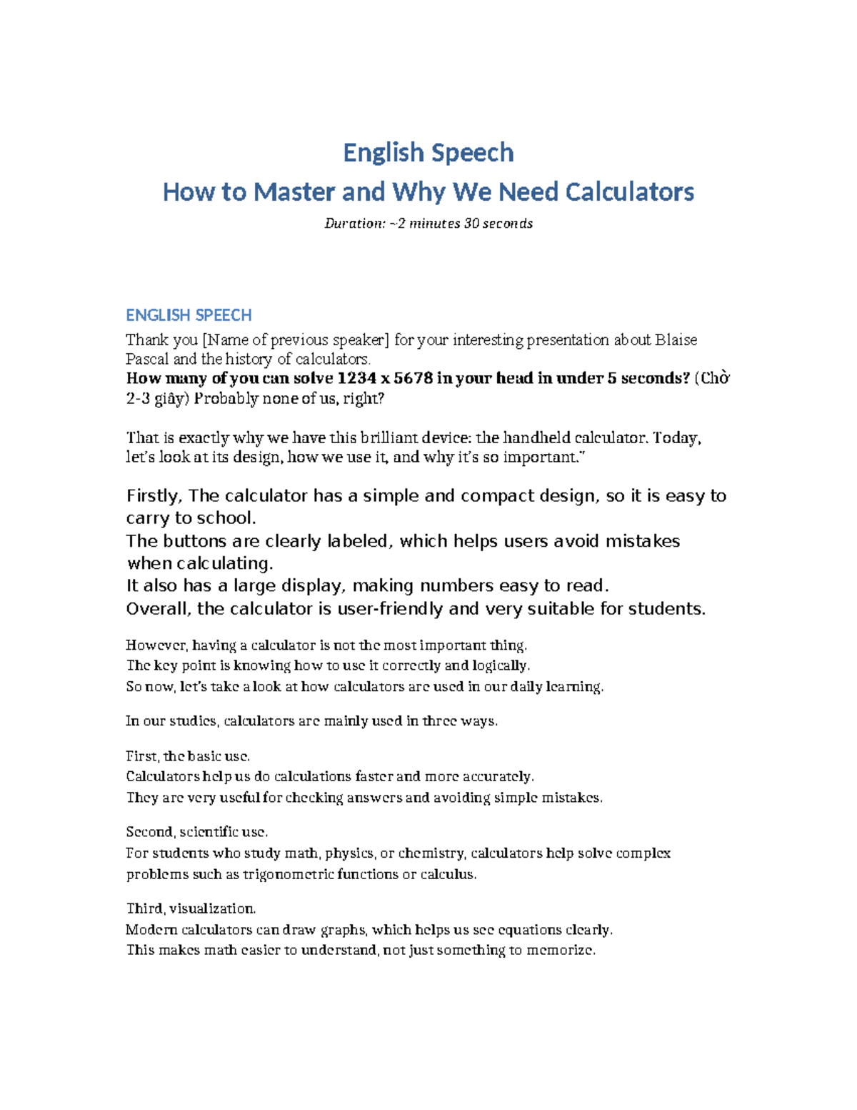 English Speech: The Importance of Calculators in Learning - Studocu