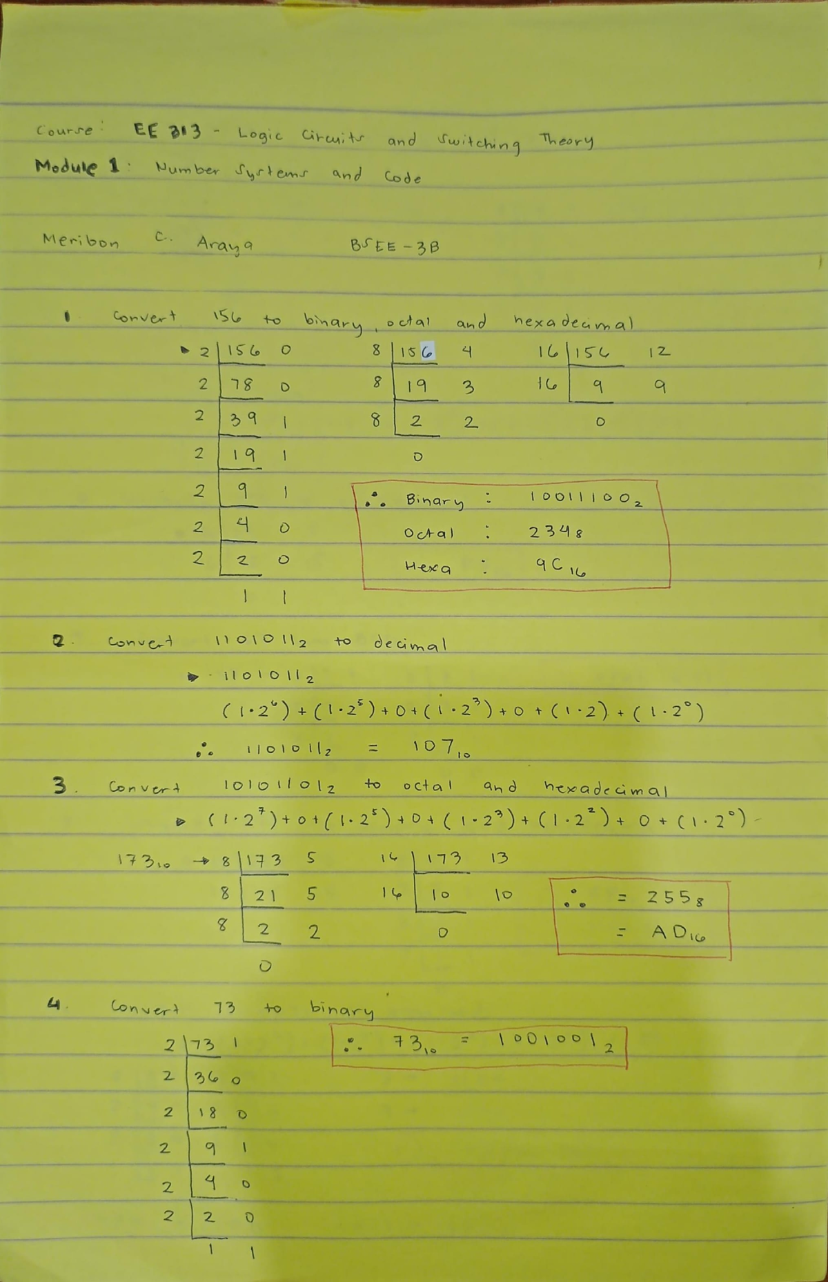 EE 313 Logic Circuits & Switching Theory: Module 1 Worksheet - Studocu